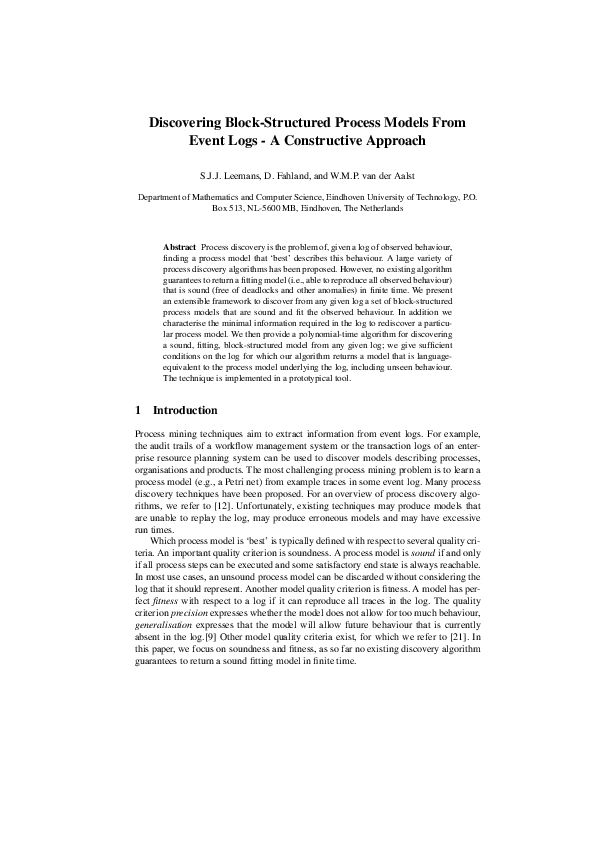 Pdf Discovering Block Structured Process Models From Event Logs A