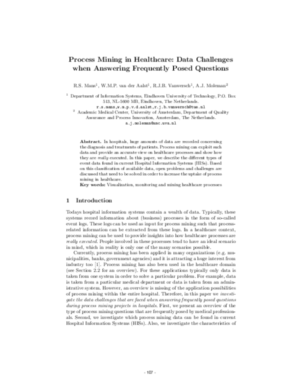 Pdf Process Mining In Healthcare Data Challenges When Answering