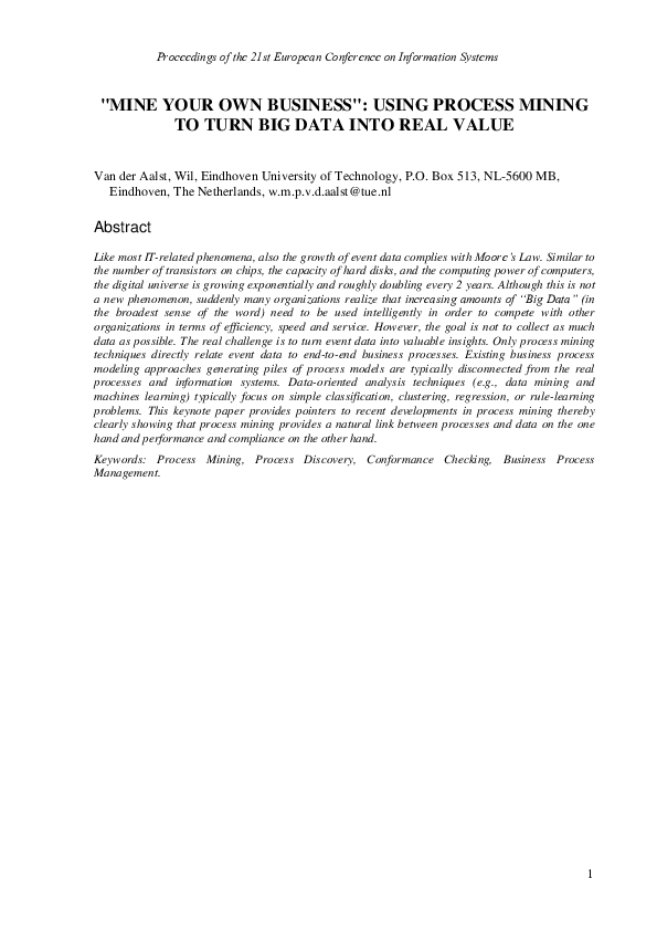 (PDF) "MINE YOUR OWN BUSINESS": USING PROCESS MINING TO TURN BIG DATA INTO REAL VALUE
