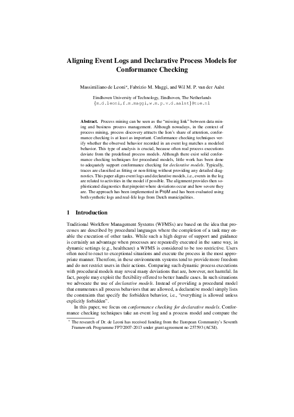 Pdf Aligning Event Logs And Declarative Process Models For Conformance Checking