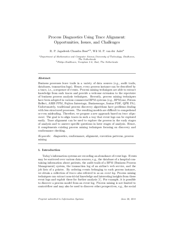 (PDF) Process Diagnostics Using Trace Alignment: Opportunities, Issues, and Challenges