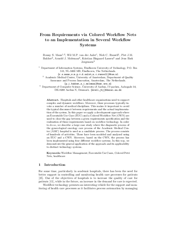(PDF) From Requirements via Colored Workflow Nets to an Implementation in Several Workflow Systems