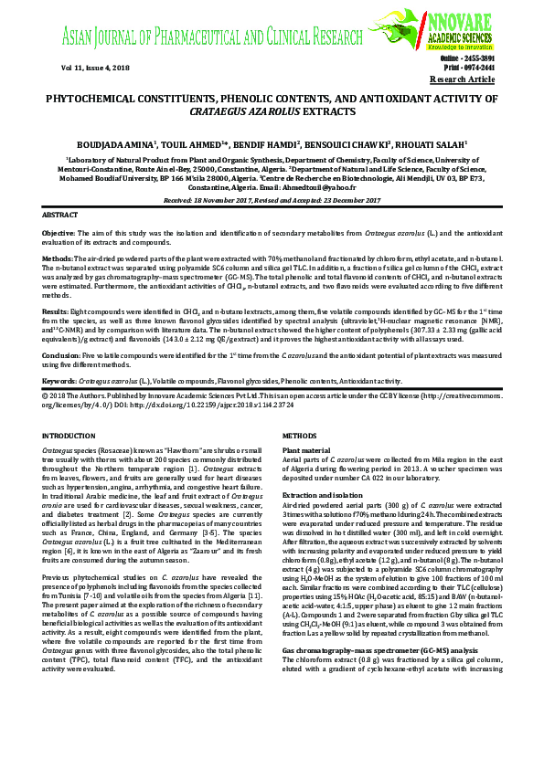 (PDF) Phytochemical Constituents, Phenolic Contents, and Antioxidant Activity of Crataegus ...