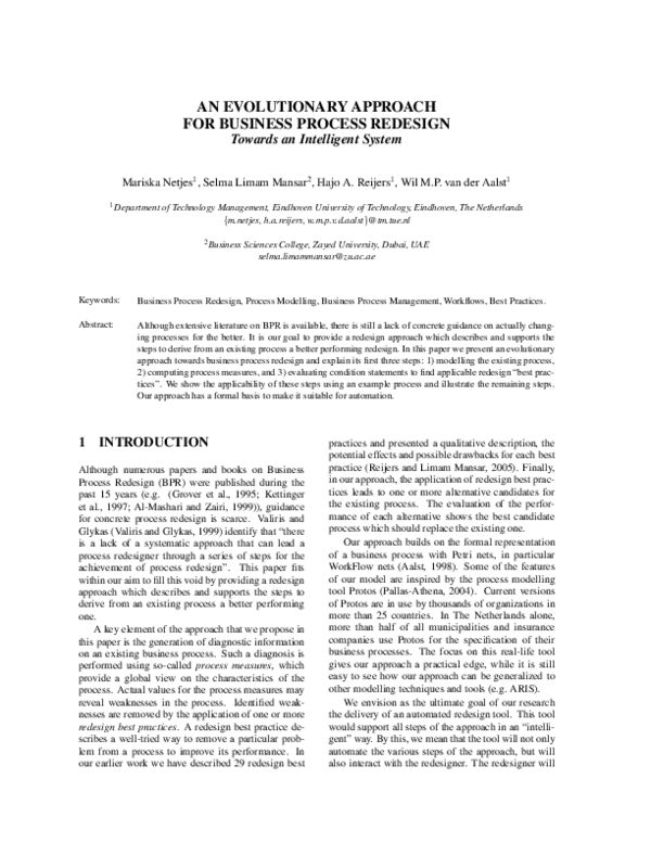(PDF) AN EVOLUTIONARY APPROACH FOR BUSINESS PROCESS REDESIGN Towards an Intelligent System
