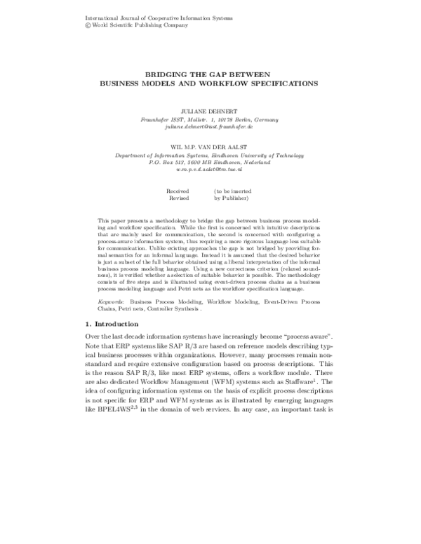 (PDF) BRIDGING THE GAP BETWEEN BUSINESS MODELS AND WORKFLOW SPECIFICATIONS | Wil van der Aalst ...