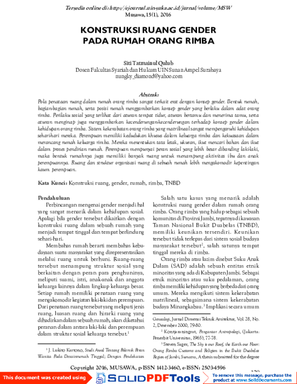 Pdf Konstruksi Ruang Gender Pada Rumah Orang Rimba 