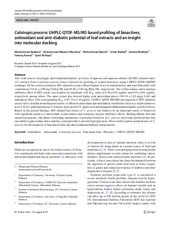 (PDF) Calotropis procera: UHPLC-QTOF-MS/MS based profiling of bioactives, antioxidant and anti ...