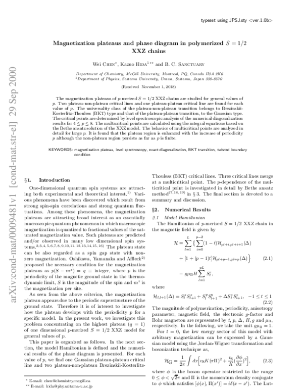 (PDF) Magnetization plateaus and phase diagram in polymerized S = 1 / 2 ...