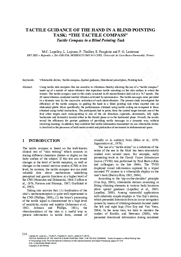 (PDF) TACTILE GUIDANCE OF THE HAND IN A BLIND POINTING TASK: “THE ...