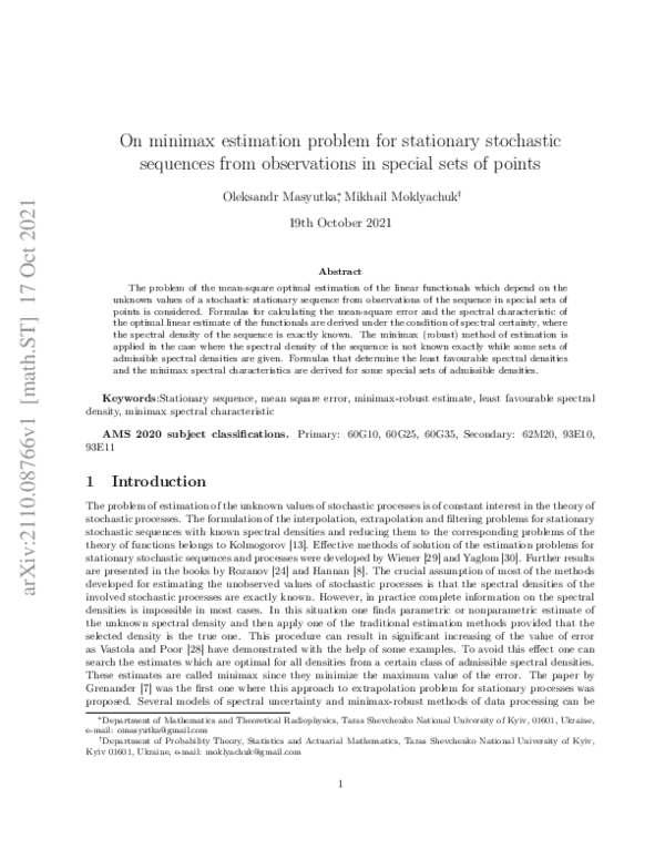 (PDF) On minimax estimation problem for stationary stochastic sequences from observations in ...