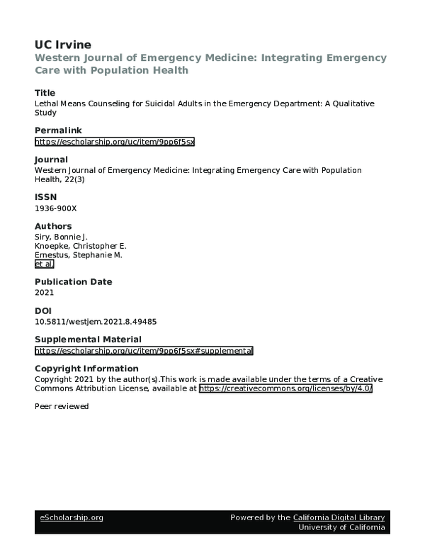 (PDF) Lethal Means Counseling for Suicidal Adults in the Emergency ...