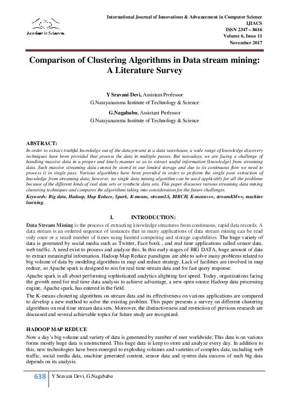 (PDF) Comparison of Clustering Algorithms in Data stream mining: A Literature Survey