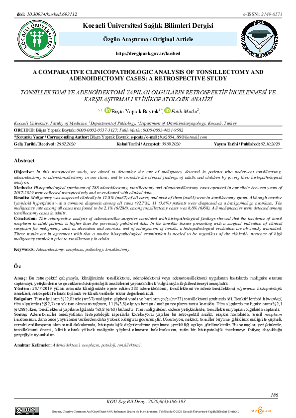 (PDF) Tonsillektomi ve Adenoidektomi Yapılan Olguların Retrospektif ...