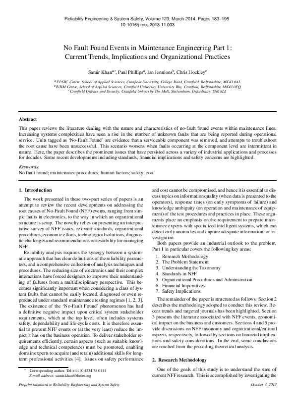 (PDF) No Fault Found events in maintenance engineering Part 1: Current ...