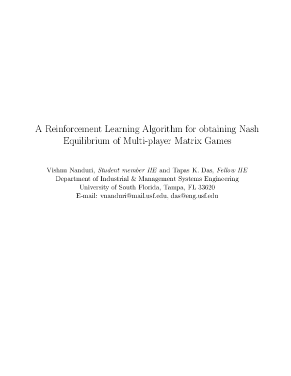 (PDF) A reinforcement learning algorithm for obtaining the Nash equilibrium of multi-player ...