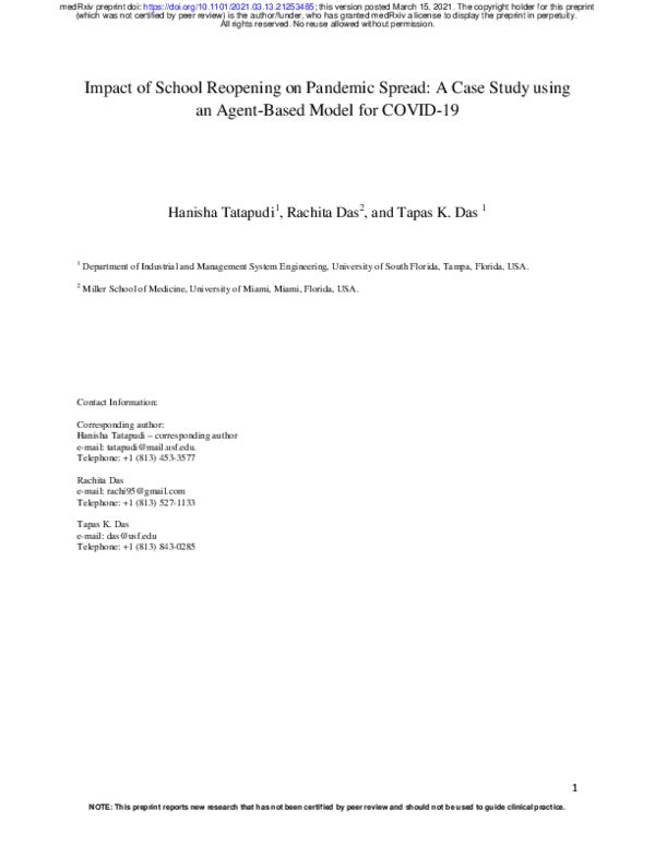 (PDF) Impact of school reopening on pandemic spread: A case study using ...