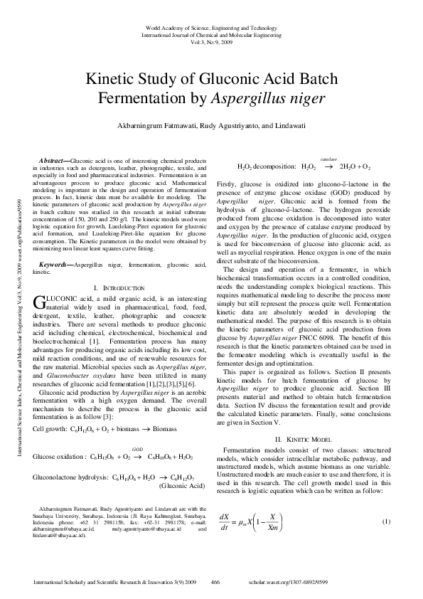 (PDF) Kinetic Study Of Gluconic Acid Batch Fermentation By Aspergillus Niger