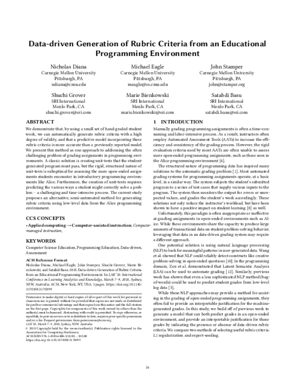 (PDF) Data-driven generation of rubric criteria from an educational programming environment