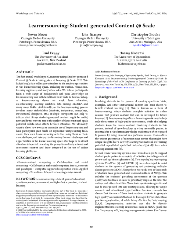 (PDF) Learnersourcing: Student-generated Content @ Scale