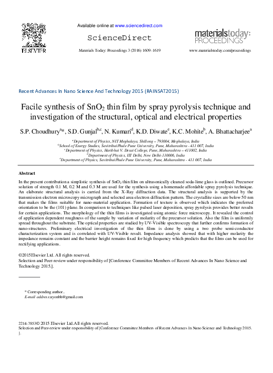 (PDF) Facile synthesis of SnO2 thin film by spray pyrolysis technique ...