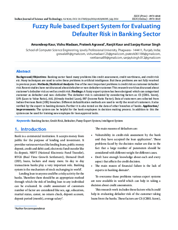 (PDF) Fuzzy Rule based Expert System for Evaluating Defaulter Risk in Banking Sector | vishu ...