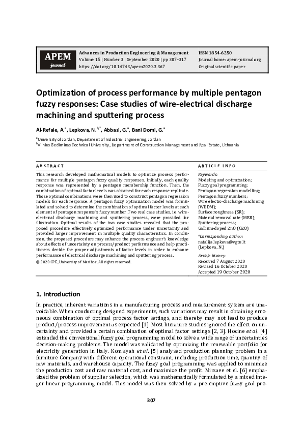 (PDF) Optimization of process performance by multiple pentagon fuzzy responses: Case studies of ...