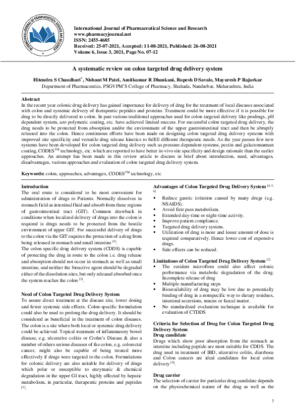 Pdf A Systematic Review On Colon Targeted Drug Delivery System Rupesh Sawale