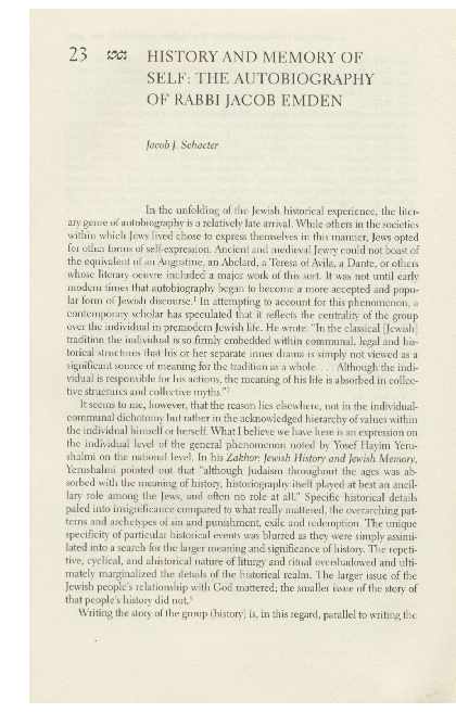 (PDF) Jacob J. Schacter, “History and Memory of Self: The Autobiography of Rabbi Jacob Emden ...