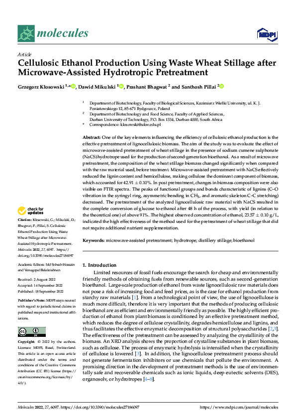 (PDF) Cellulosic Ethanol Production Using Waste Wheat Stillage after ...