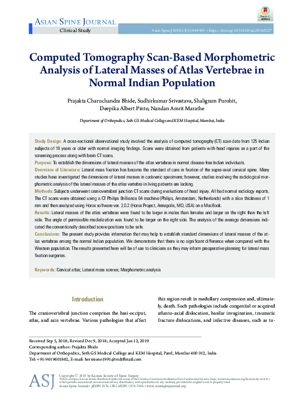 (PDF) Computed Tomography Scan-Based Morphometric Analysis of Lateral Masses of Atlas Vertebrae ...
