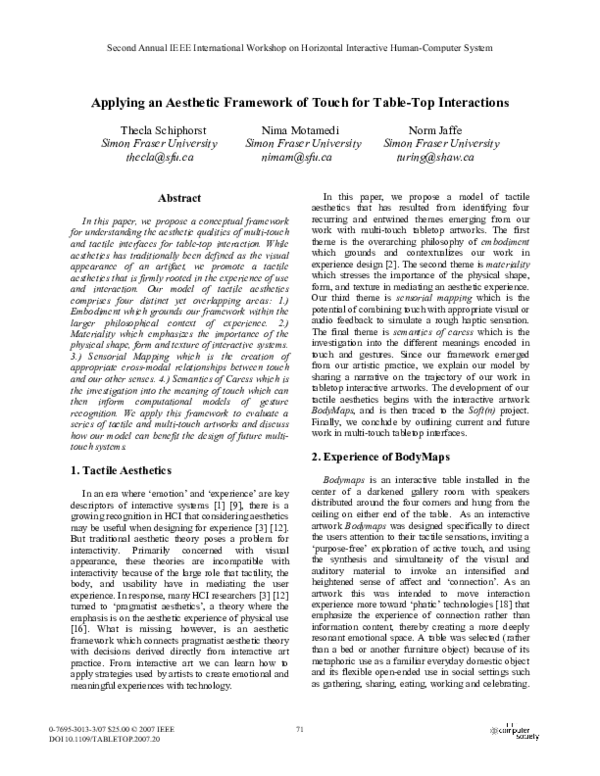 (PDF) Applying an Aesthetic Framework of Touch for Table-Top Interactions