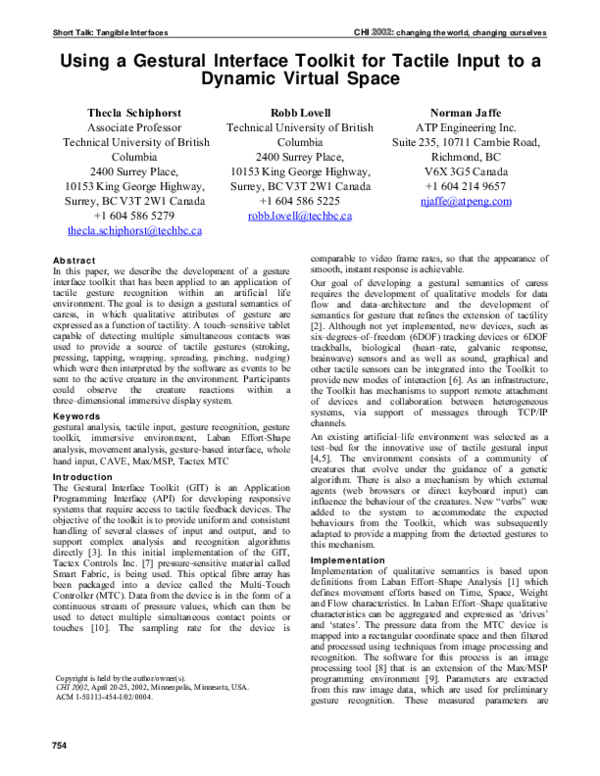 Pdf Using A Gestural Interface Toolkit For Tactile Input To A Dynamic Virtual Space Thecla