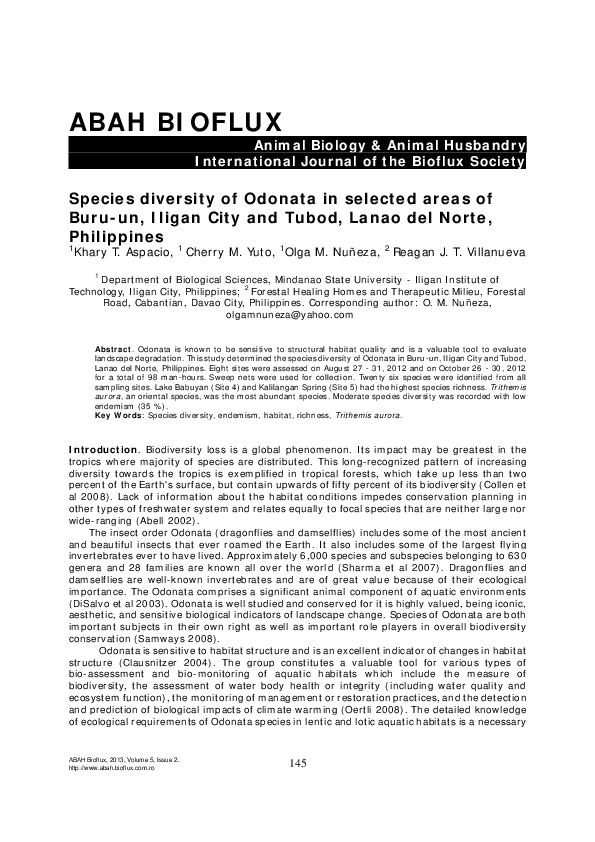 (PDF) Species diversity of Odonata in selected areas of Buru-un, Iligan ...