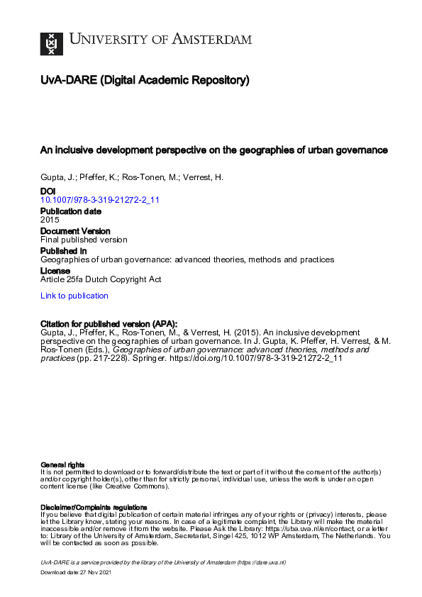 (PDF) Geographies of Urban Governance | Mirjam A F Ros-Tonen - Academia.edu