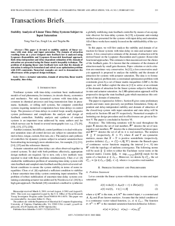 (PDF) Stability analysis of linear time-delay systems subject to input saturation