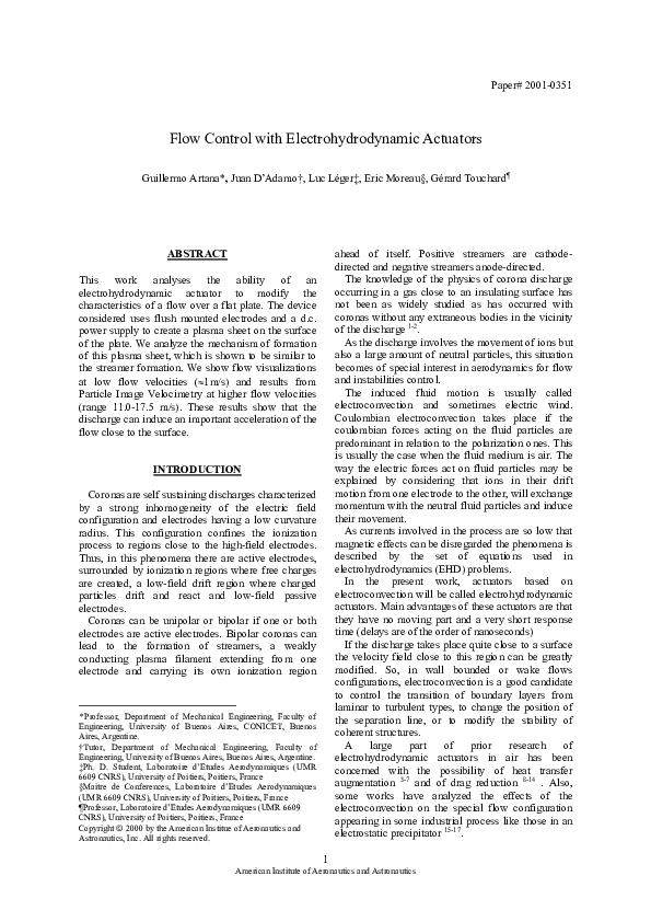 (PDF) Flow Control with Electrohydrodynamic Actuators