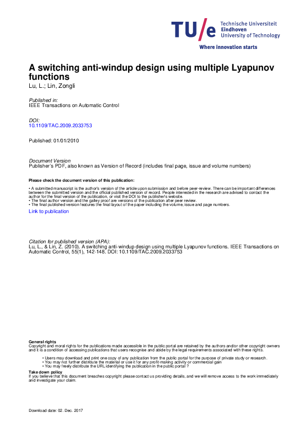 (PDF) A Switching Anti-windup Design Using Multiple Lyapunov Functions