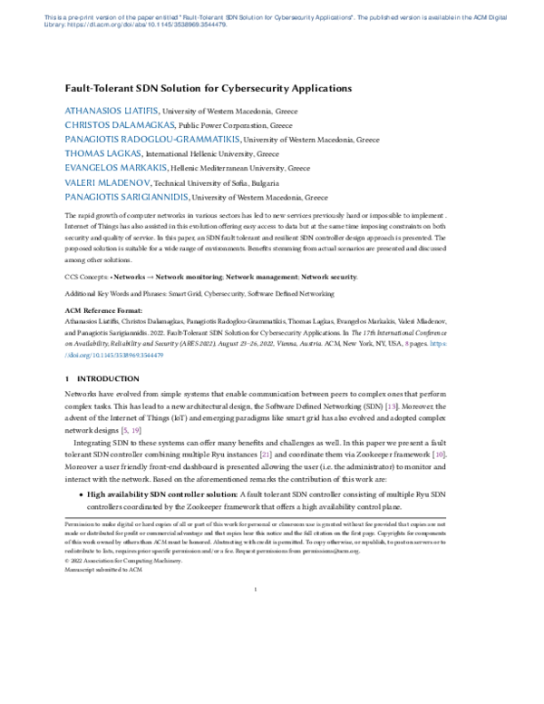 (PDF) Fault-Tolerant SDN Solution for Cybersecurity Applications