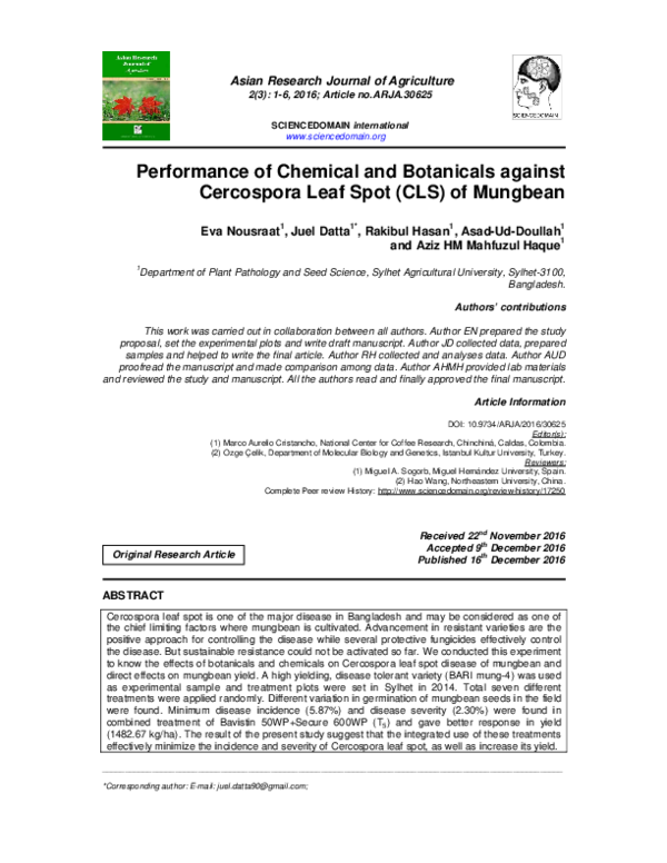 (PDF) Performance of Chemical and Botanicals against Cercospora Leaf ...