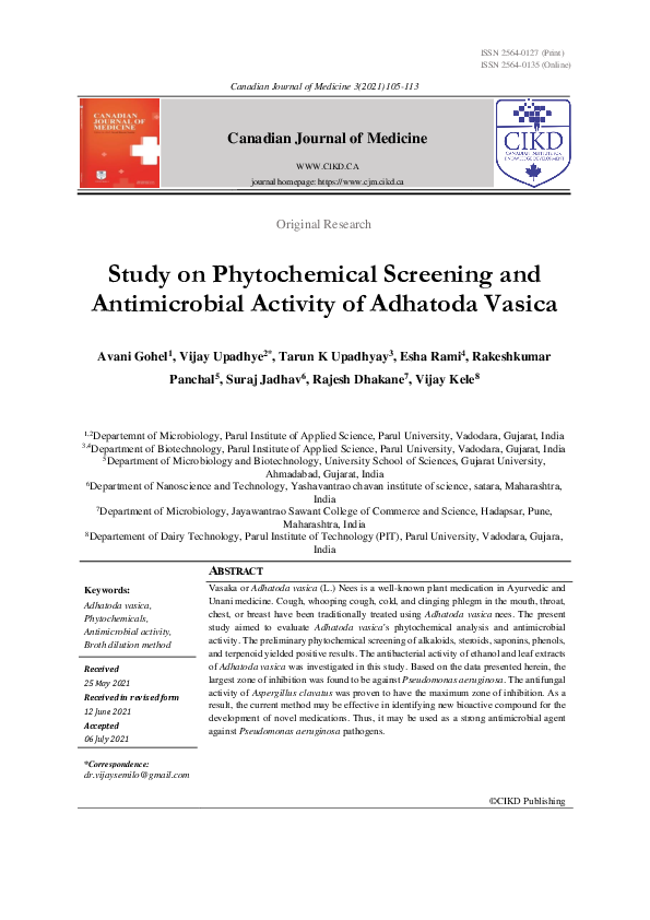 (PDF) Study on Phytochemical Screening and Antimicrobial Activity of Adhatoda Vasica