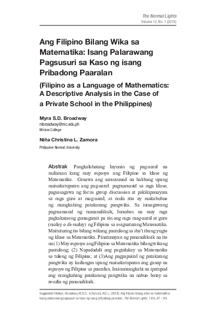(PDF) Ang Filipino Bilang Wika sa Matematika: Isang Palarawang ...