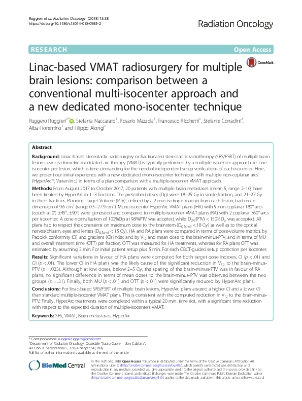 (PDF) Linac-based VMAT radiosurgery for multiple brain lesions: comparison between a ...
