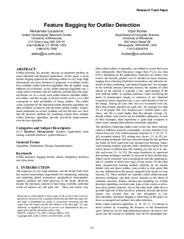 Pdf Feature Bagging For Outlier Detection