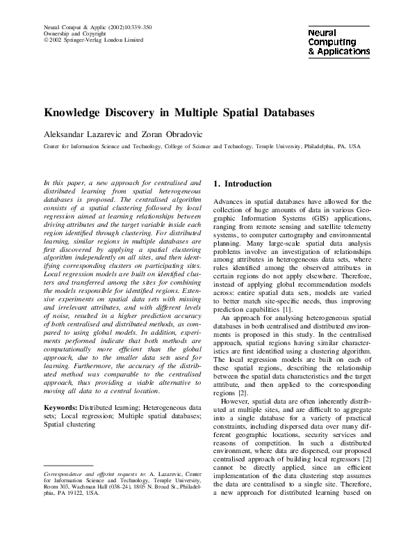 (PDF) Knowledge Discovery in Multiple Spatial Databases