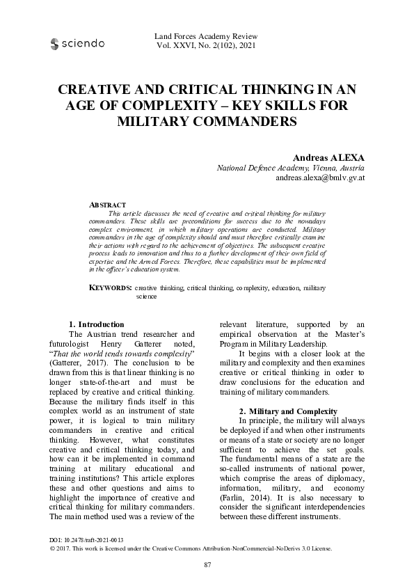 (PDF) Creative and Critical thinking in an Age of Complexity – Key ...