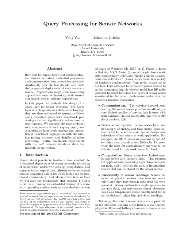 (PDF) Query processing in sensor networks
