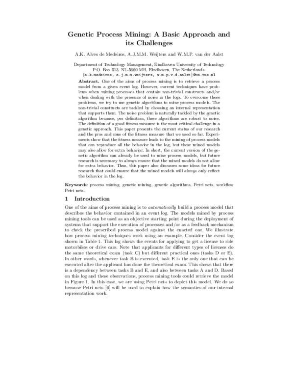 (PDF) Genetic Process Mining: A Basic Approach and its Challenges
