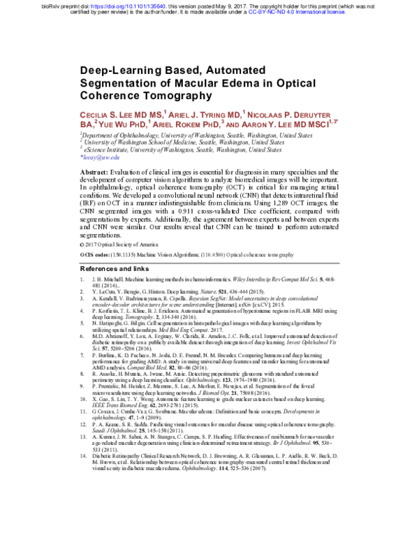(PDF) Deep-learning based, automated segmentation of macular edema in optical coherence tomography