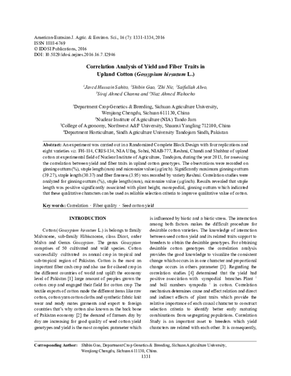 (PDF) Correlation Analysis of Yield and Fiber Traits in Upland Cotton ( Gossypium hirsutum L . )