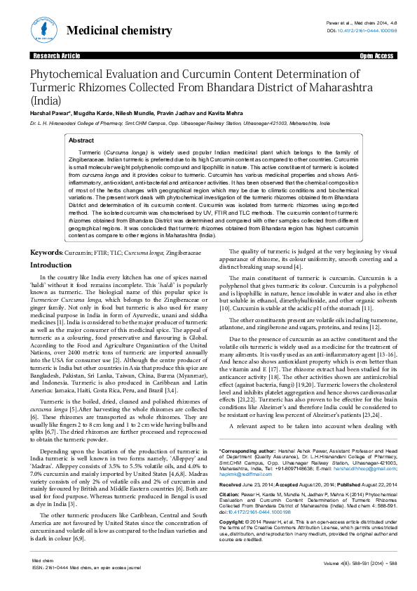 (PDF) Phytochemical Evaluation and Curcumin Content Determination of Turmeric Rhizomes Collected ...
